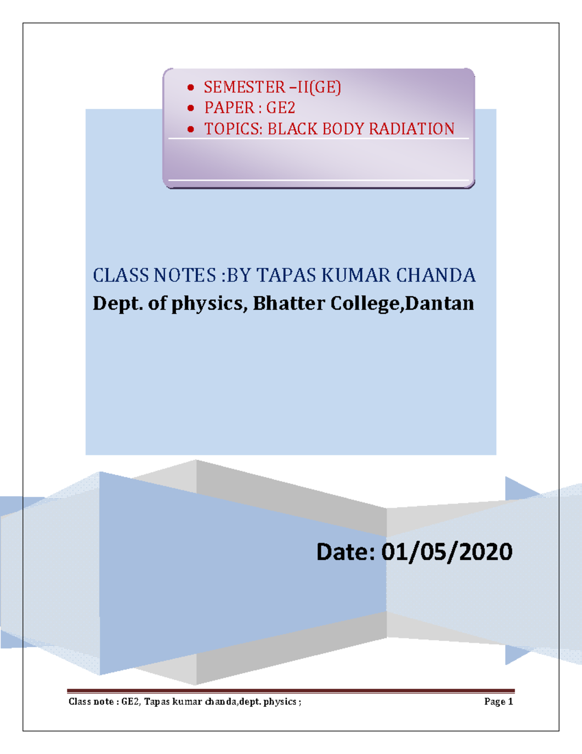 Semester Paper: GE2 Class Notes on Black Body Radiation - Studocu