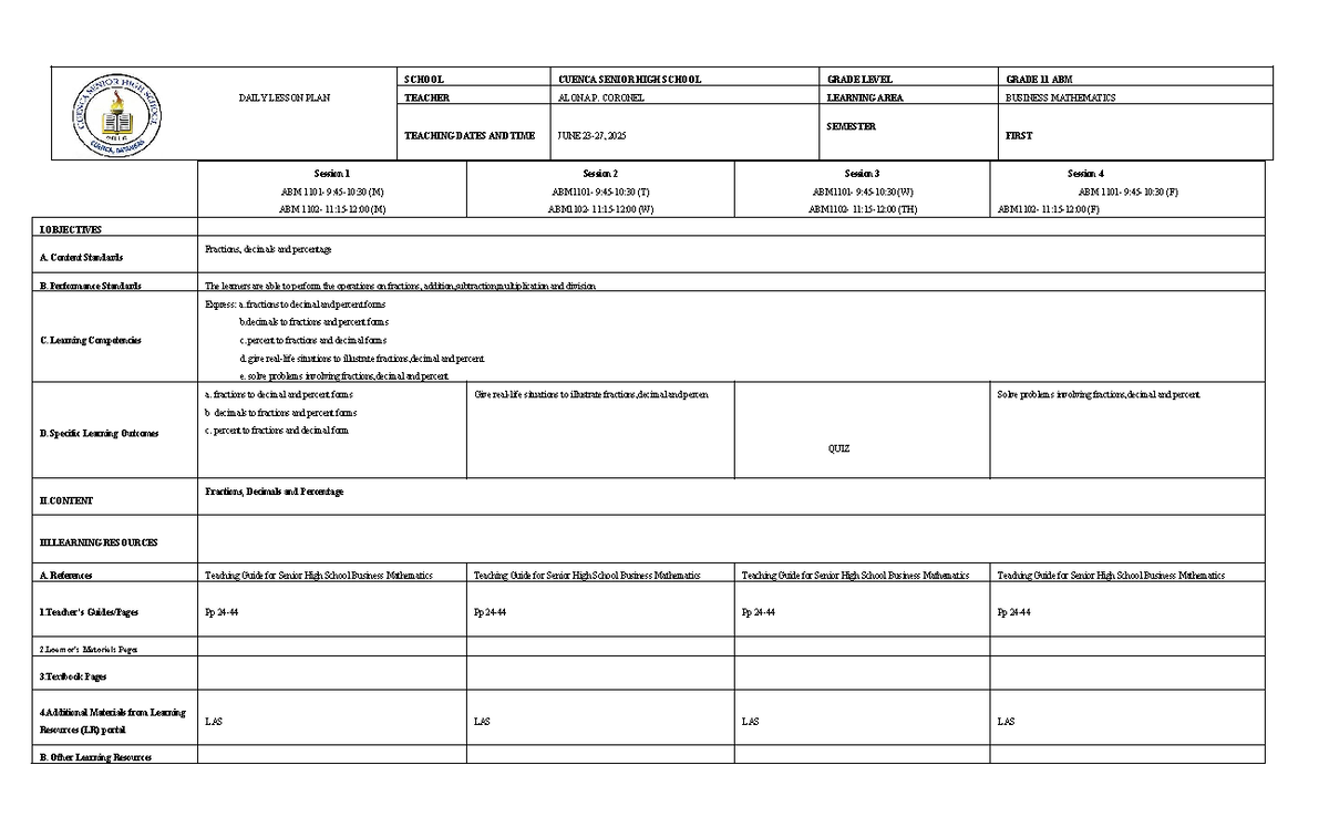 DAILY LESSON PLAN: BUSINESS MATH GRADE 11 ABM - WEEK 2 - Studocu
