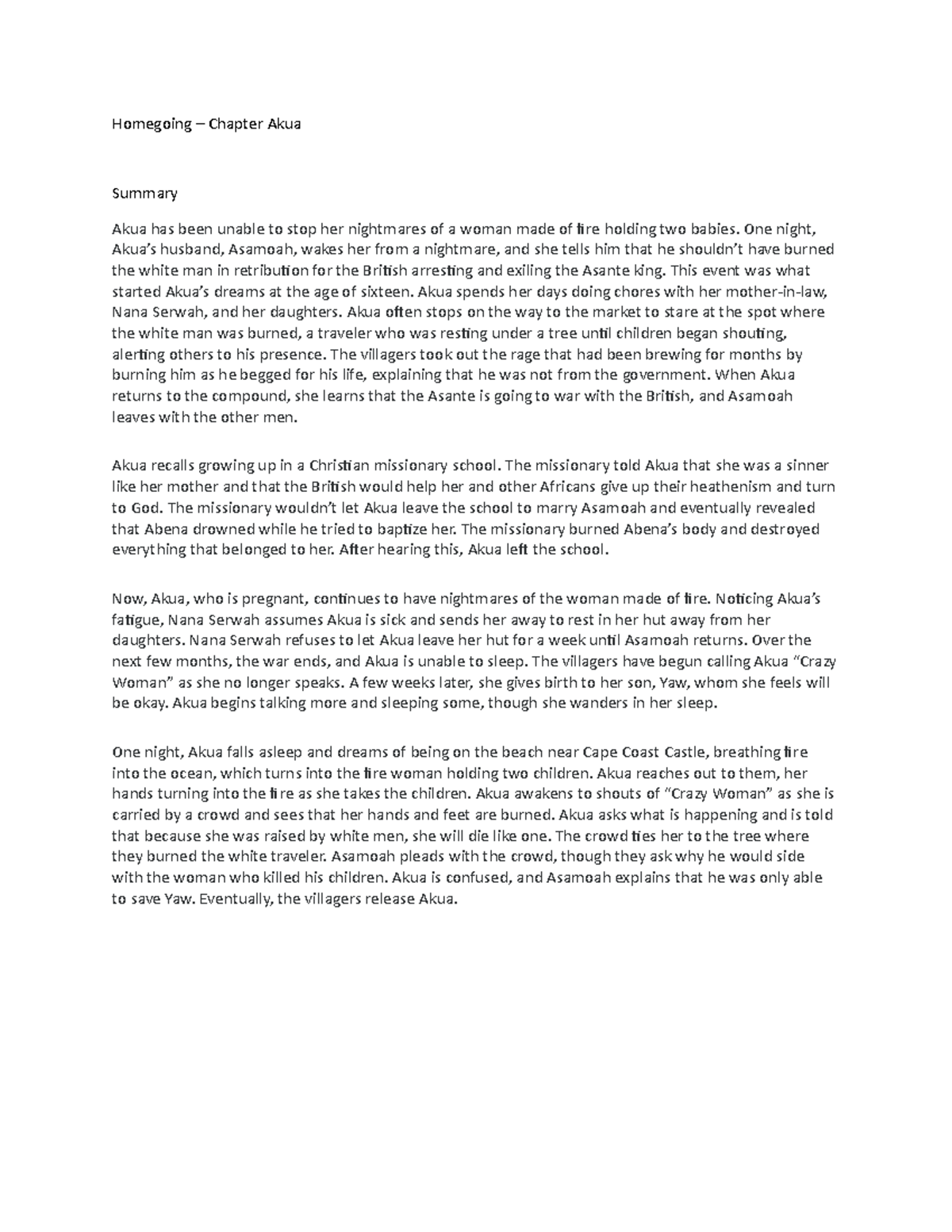 Homegoing - Akua's Nightmares: Chapter Summary and Analysis - Studocu