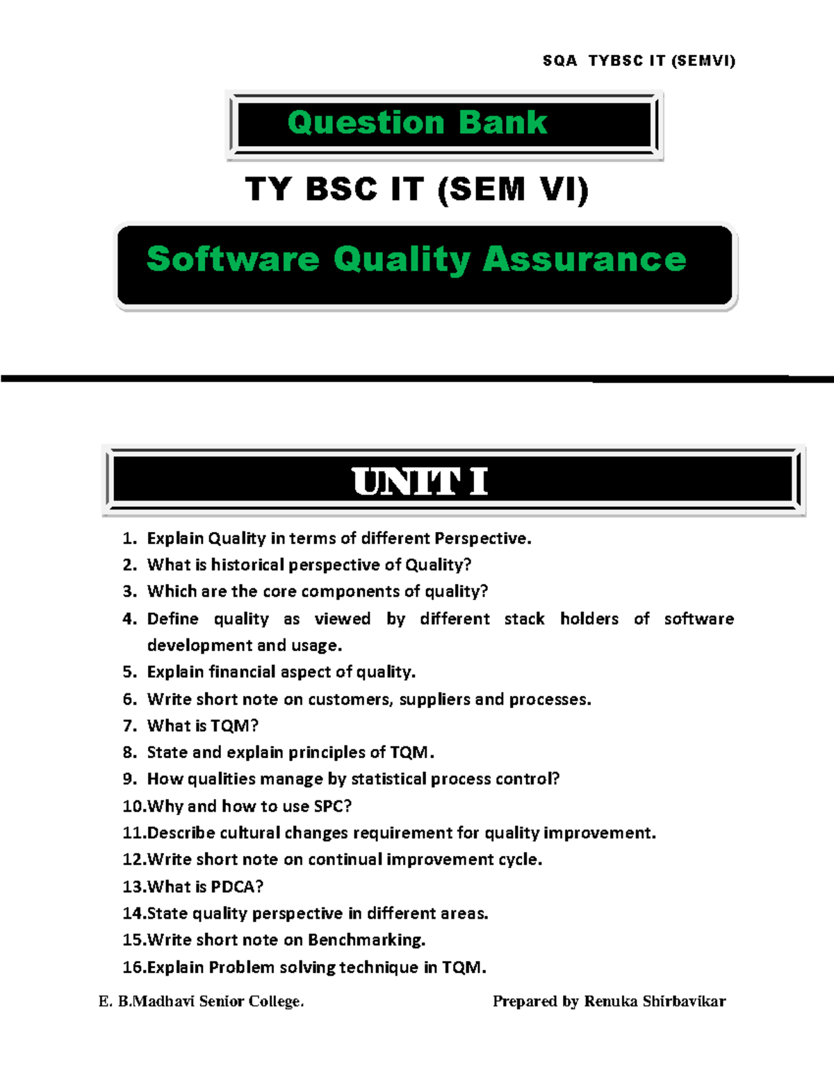 SQA TYBSC IT (SEM VI) Comprehensive Question Bank - Studocu