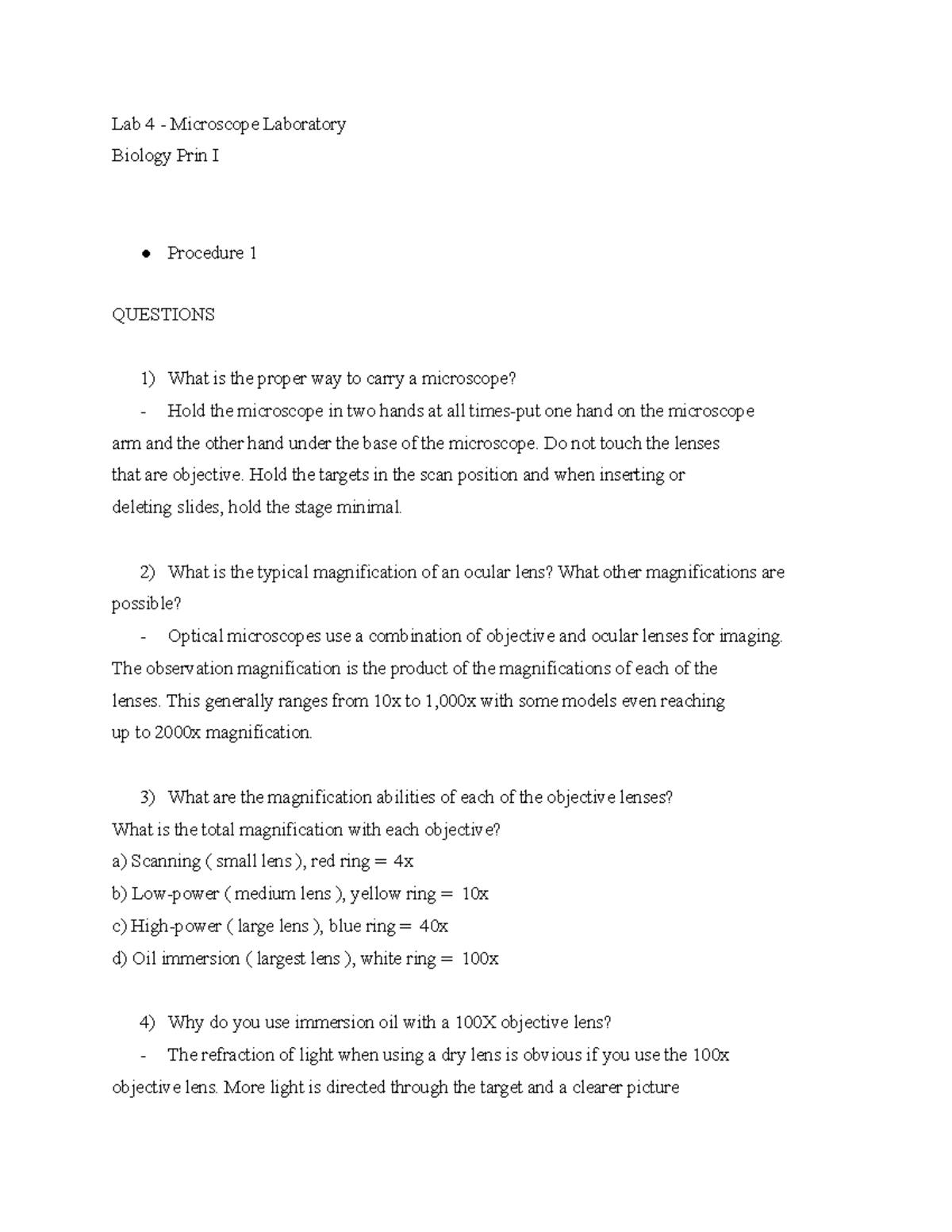 Microscope Lab - Biology Prin I Lab Questions & Answers (Lab 4) - Studocu