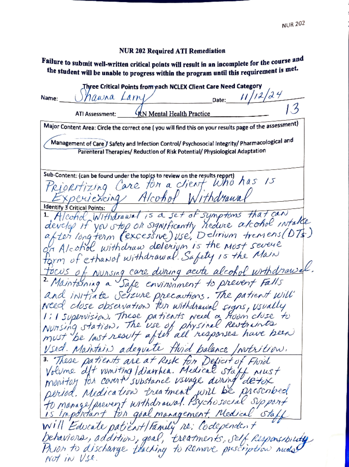 Critical points NUR 202 #13 - Name: Failure to submit well-written ...