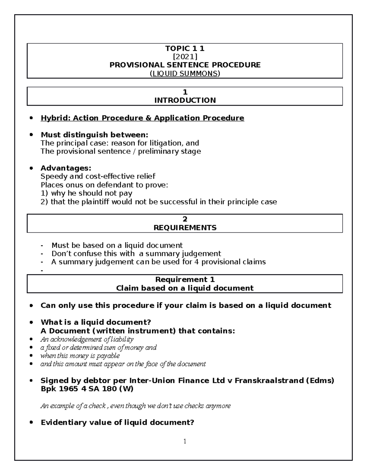 Civil Procedure Topic 11: Provisional Sentence Overview - Studocu