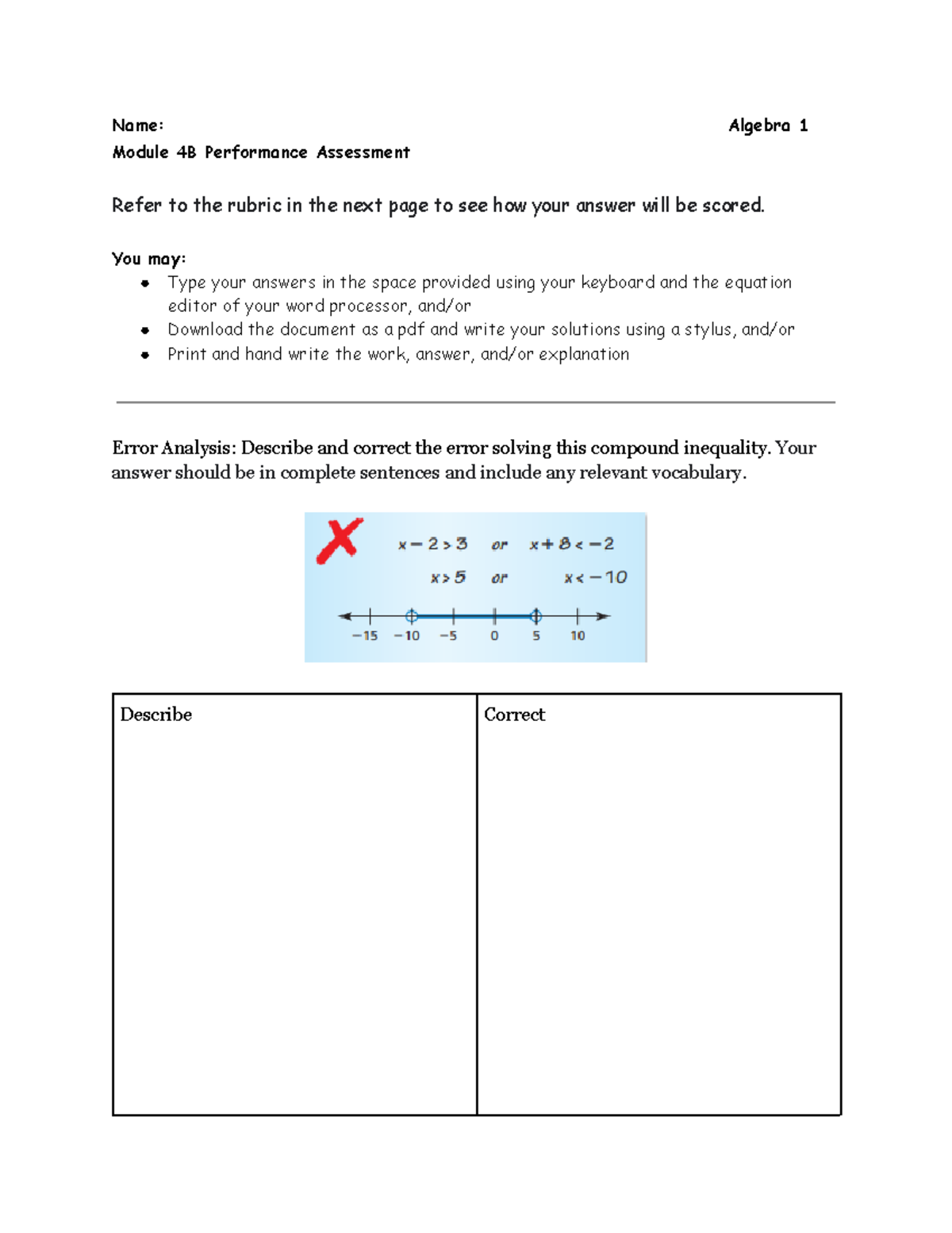 Module 4B Performance Assessment - Name: Algebra 1 Module 4B ...