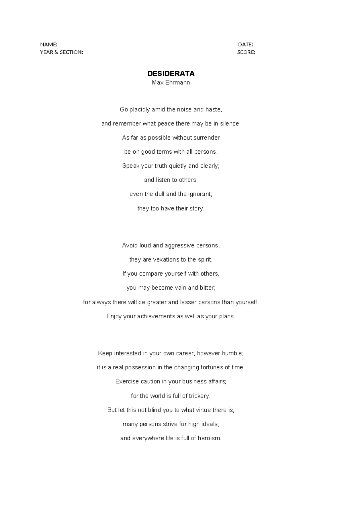 Desiderata Analysis - Reflection on Max Ehrmann's Poem - Studocu