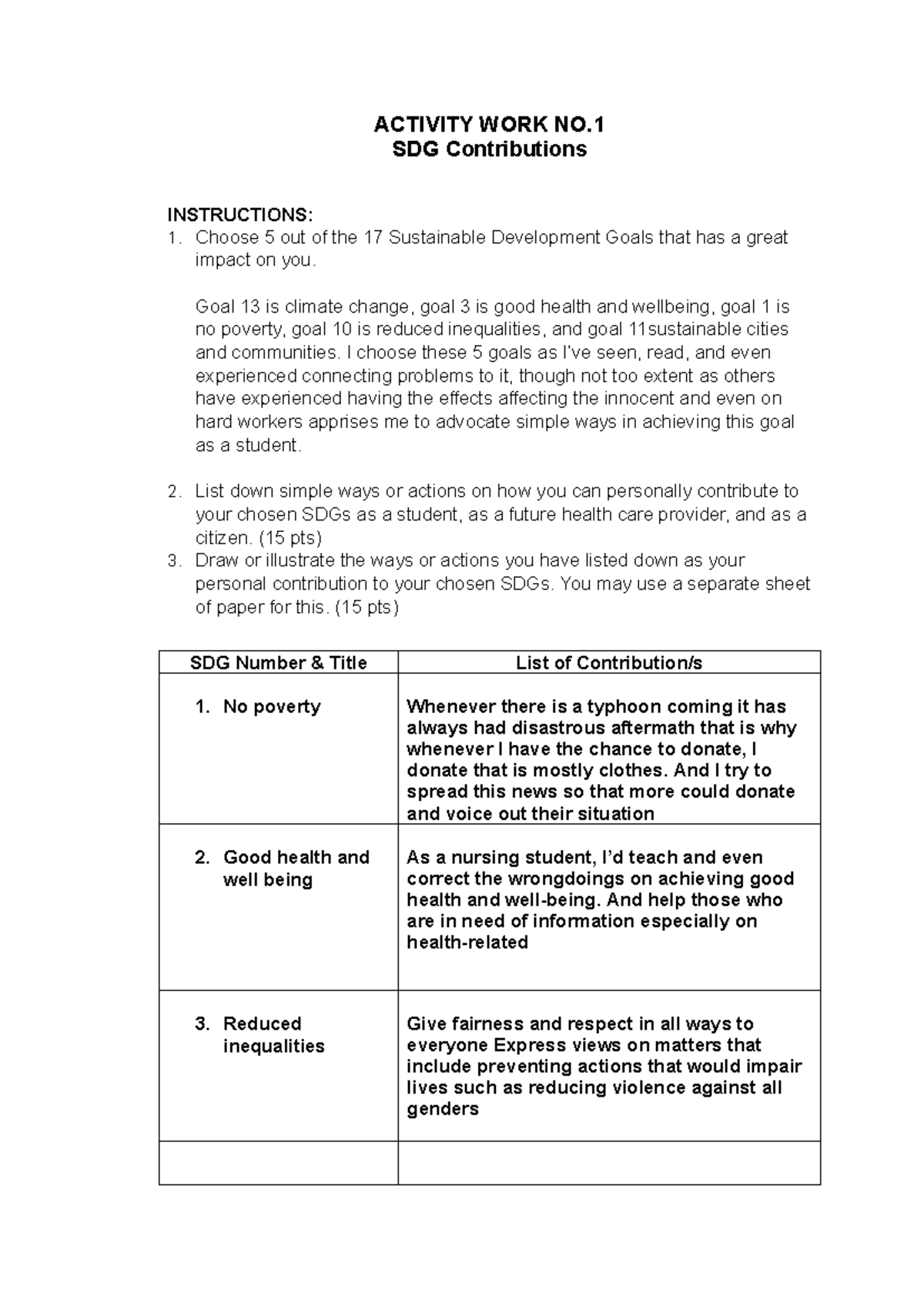 Activity WORK NO.1 SDG Contributions - ACTIVITY WORK NO. SDG ...