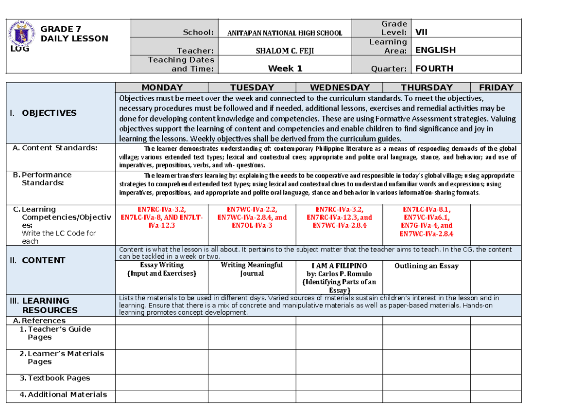 Grade 7 English Daily Lesson Log (4Q) Curriculum Guide - Studocu