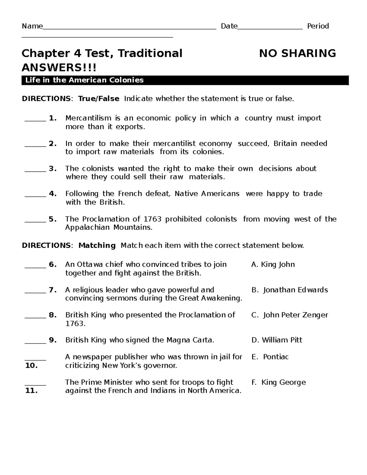 Chapter 4 Test: Life in the American Colonies (Traditional Period ...