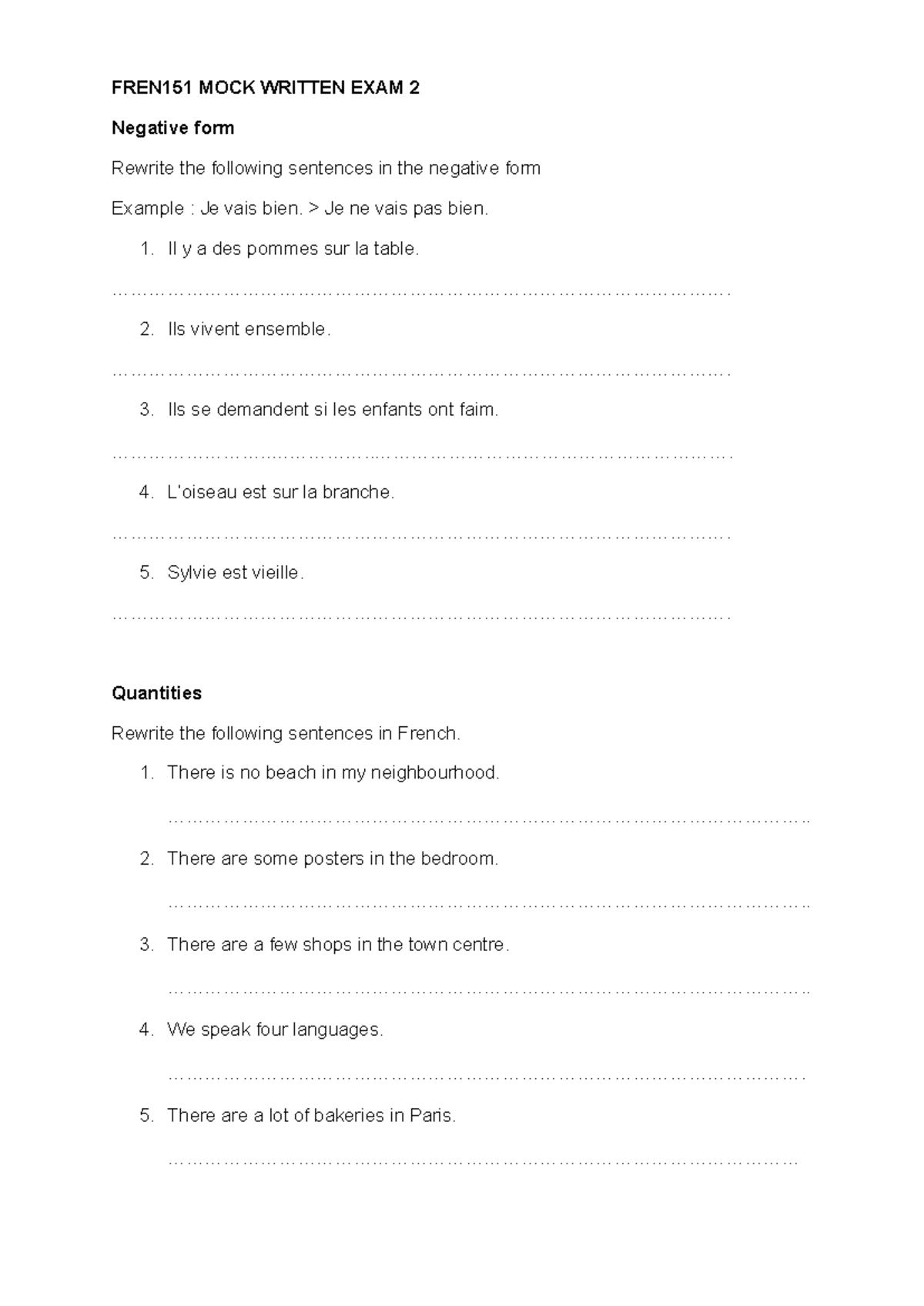 FREN151 Mock Written Exam 2: Negative Form & Vocabulary - Studocu