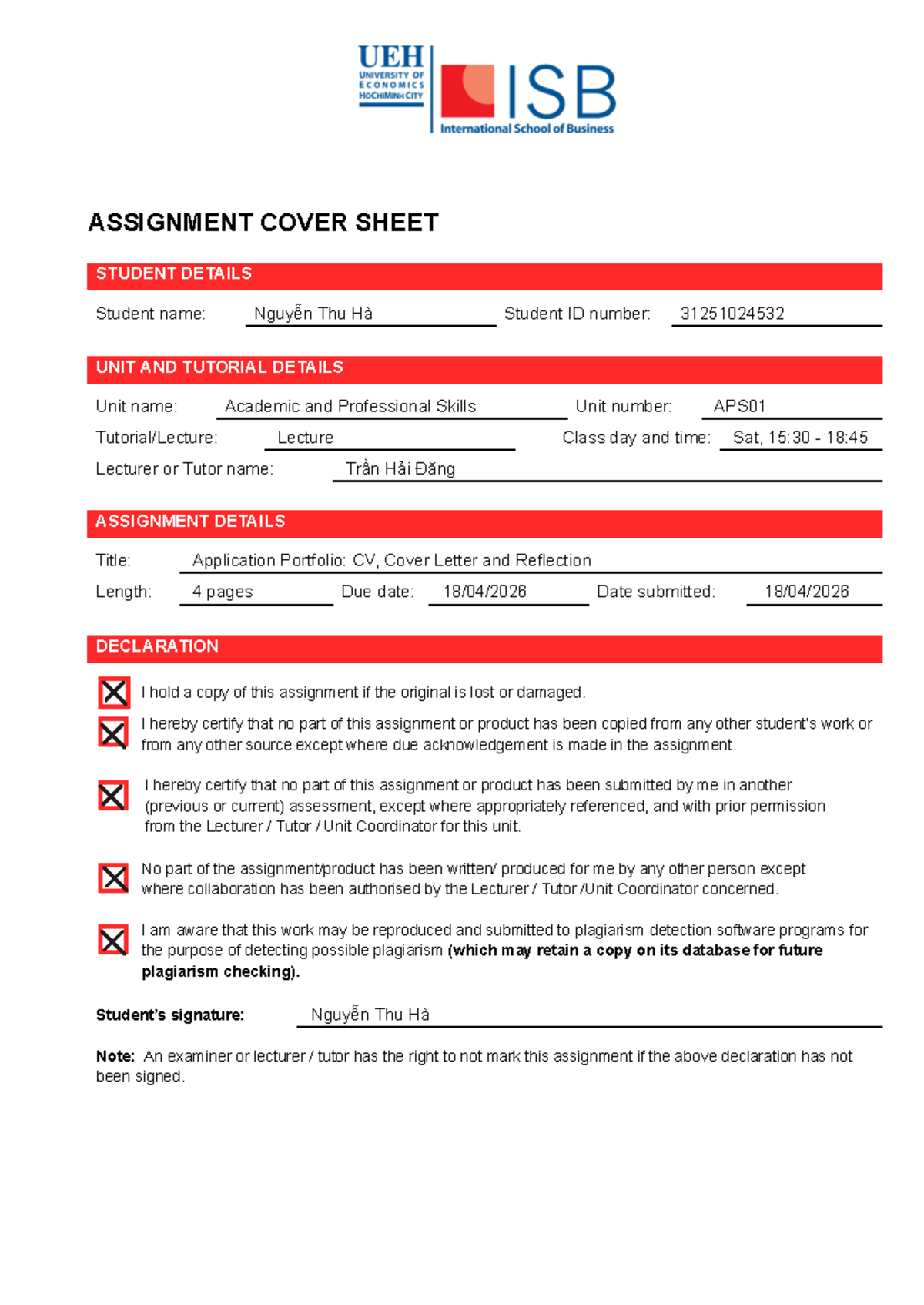 Application Portfolio: CV, Cover Letter & Reflection - APS01 - Studocu