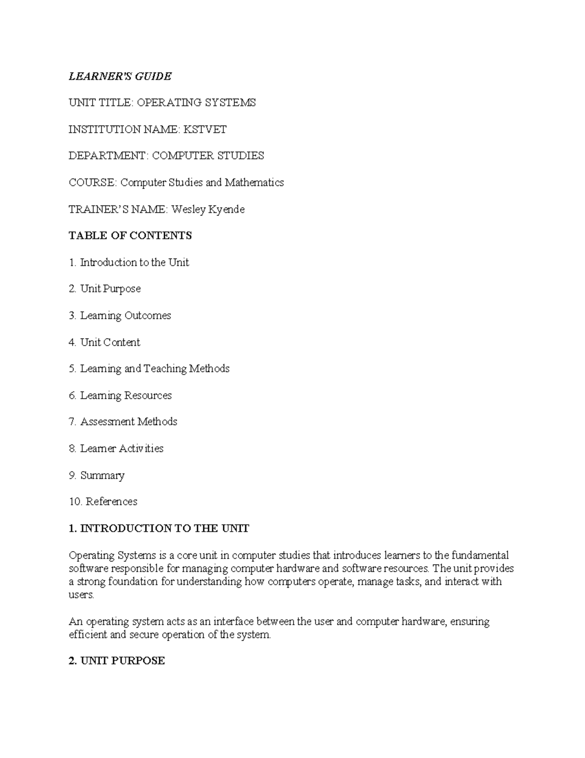 Learner's Guide to Operating Systems (CSM 101) - Studocu