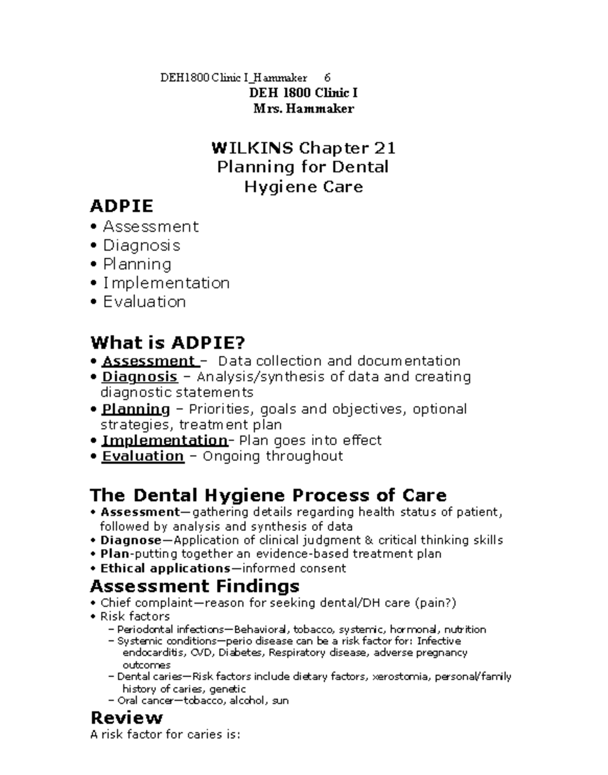 Dental Hygiene Care & ASA Classification Overview - DEH1800 - Studocu