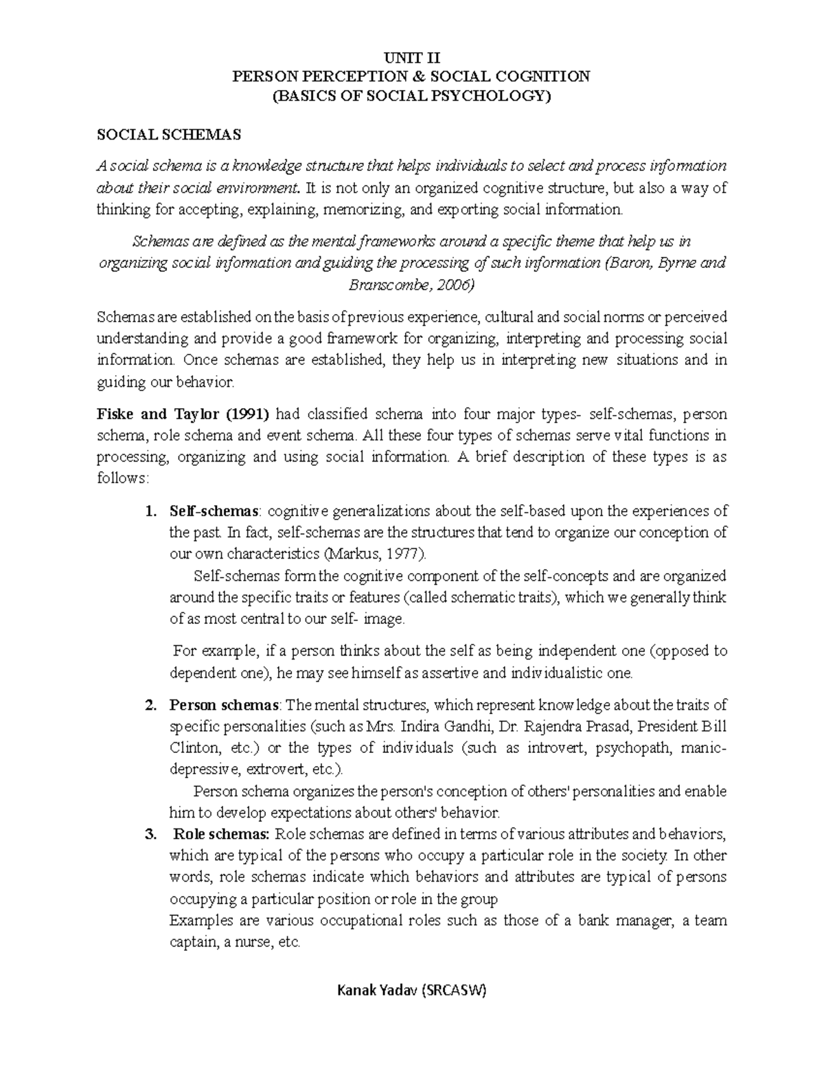 Unit II: Person Perception & Social Cognition (Basics of Social ...