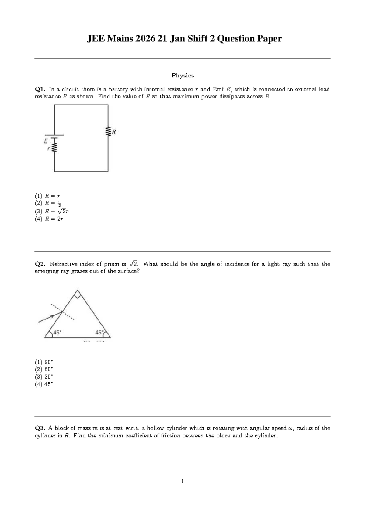 JEE Mains 2026 Physics Question Paper - 21 Jan Shift 2 - Studocu