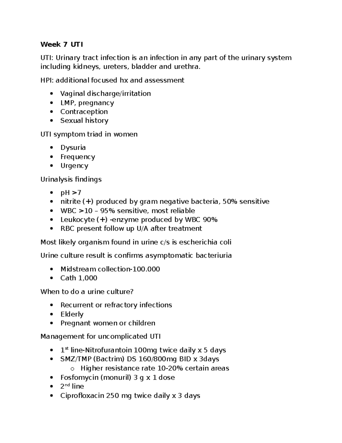 Week 7 UTI - Comprehensive Lecture Notes on Urinary Tract Infections ...