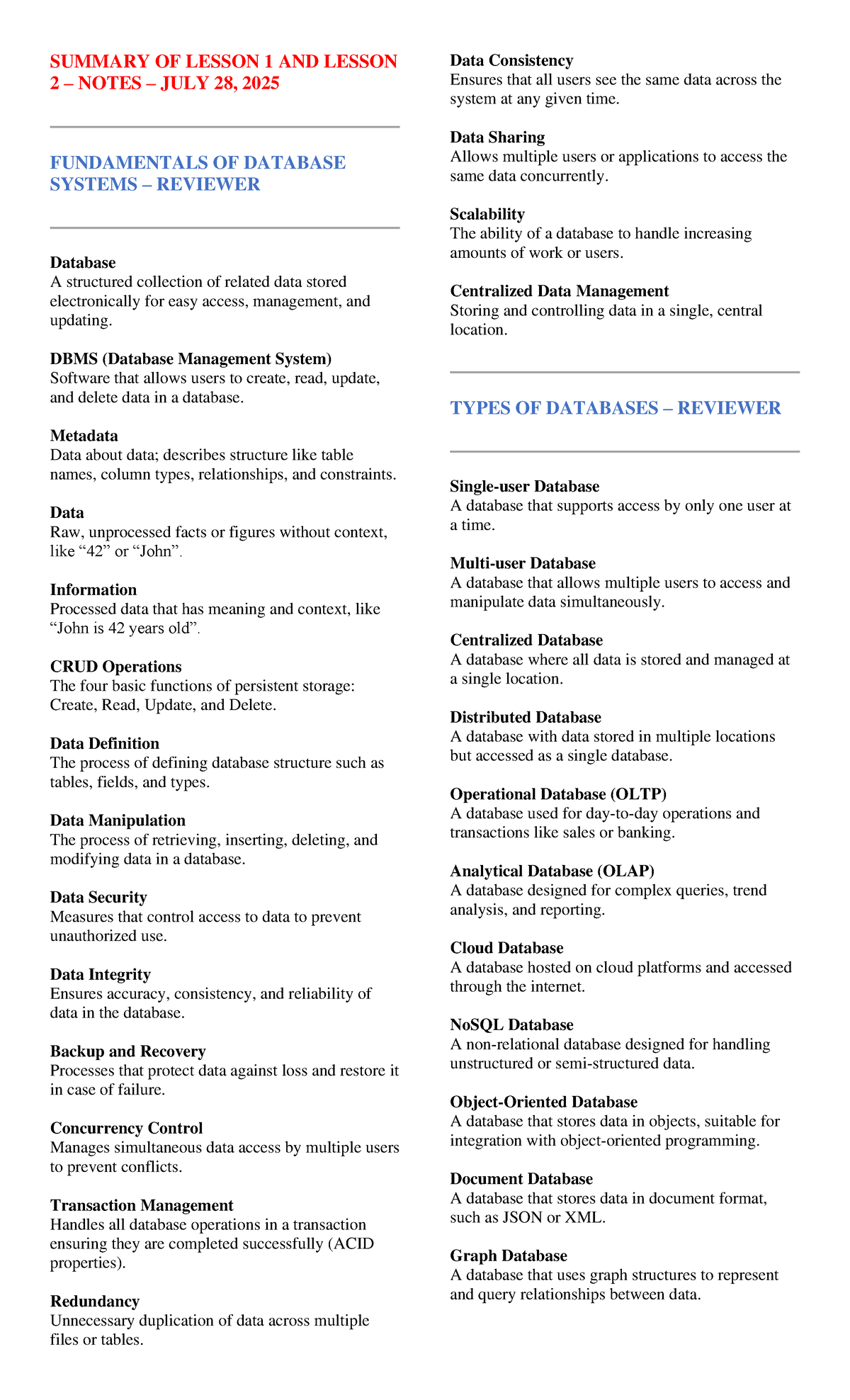 SUMMARY OF LESSON 1 & 2 NOTES - FUNDAMENTALS OF DATABASE SYSTEMS - Studocu