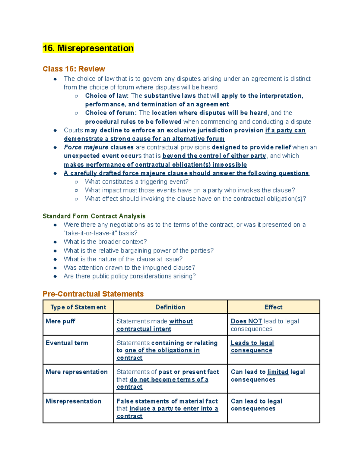 16. Misrepresentation class 16: Key concepts and case analysis - Studocu