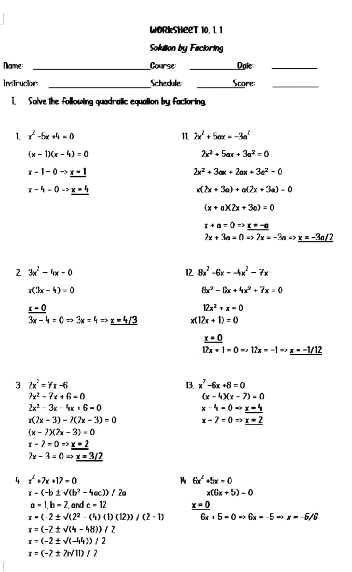 Chapter 10 Worksheets: Quadratic Equations Solutions - Studocu
