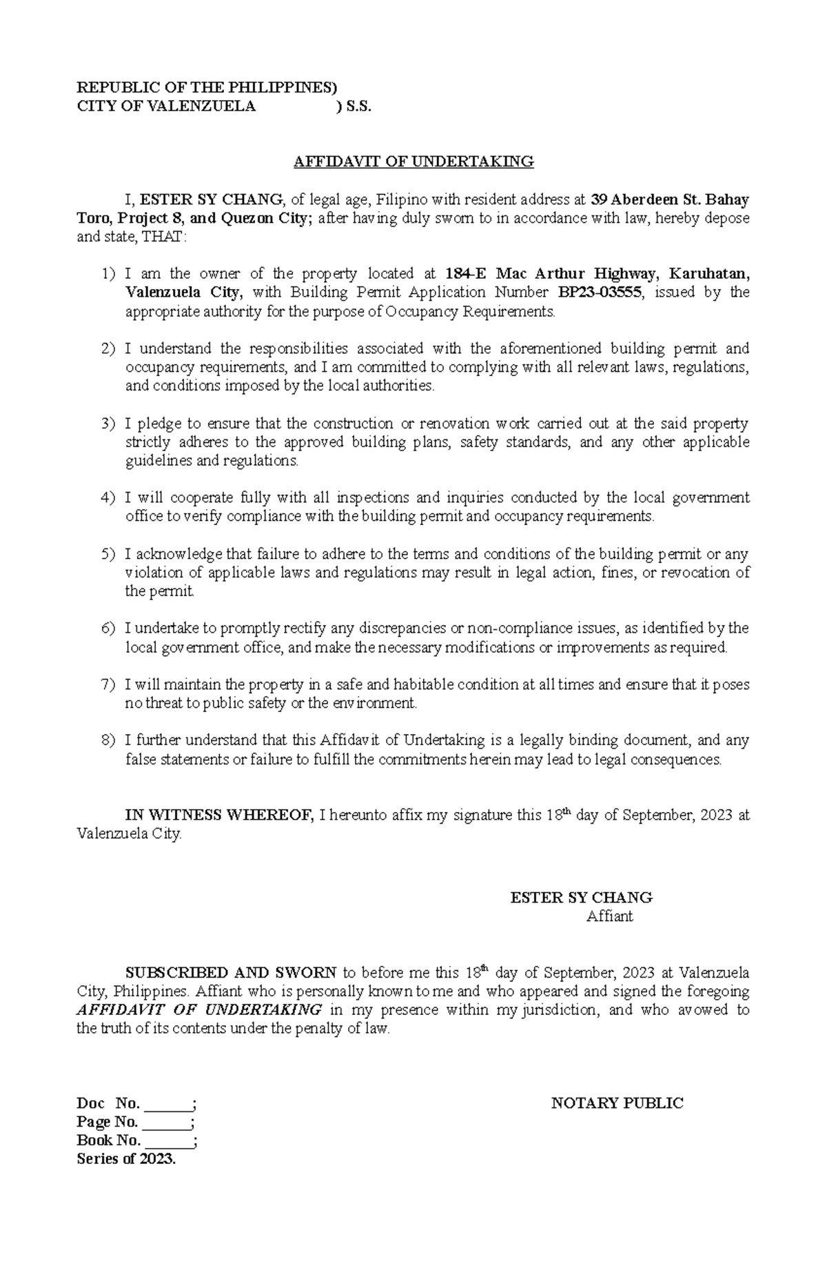 Affidavit of Undertaking for Building Permit Compliance - Studocu