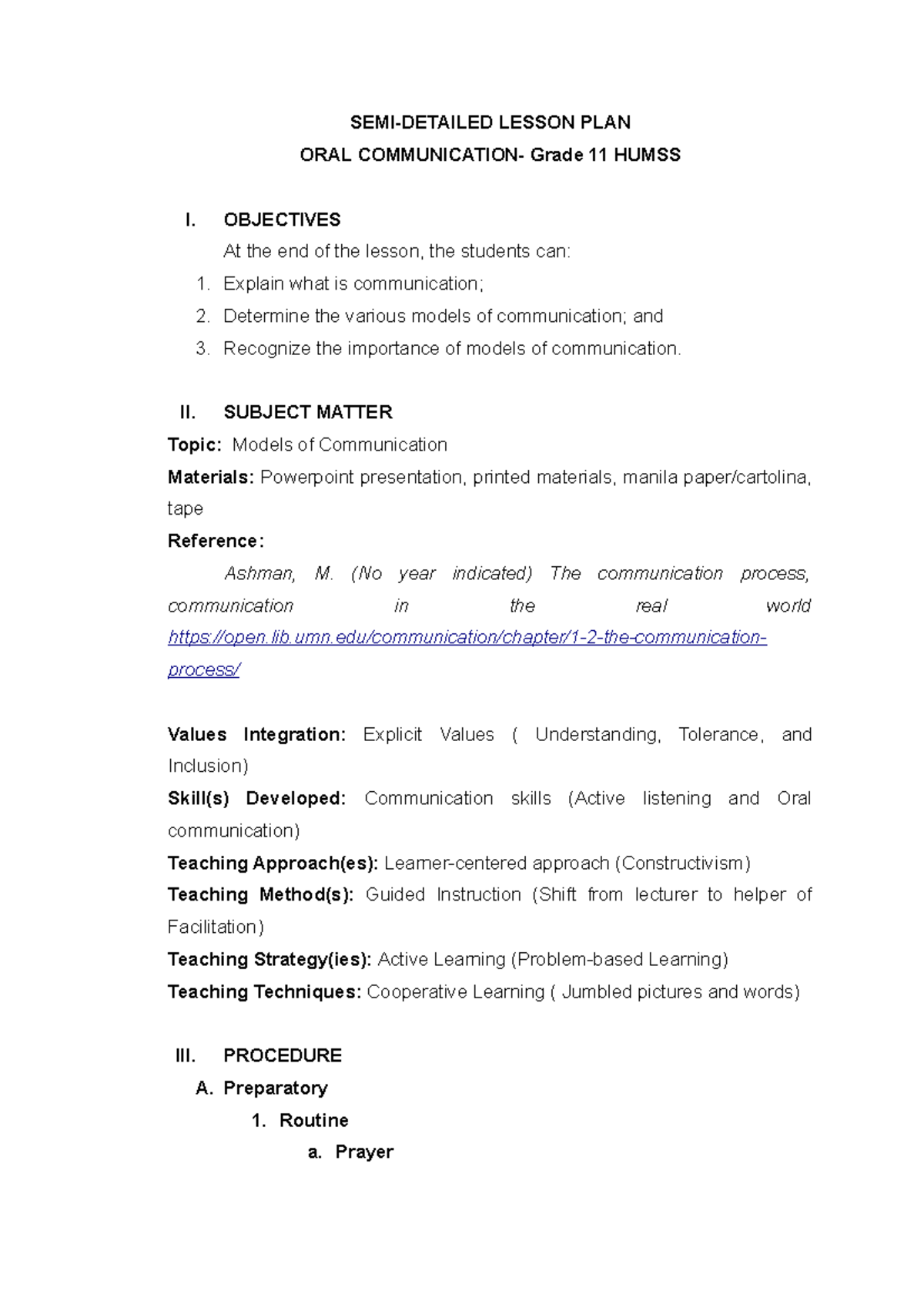 Models of Communication Lesson Plan - Grade 11 HUMSS - Studocu