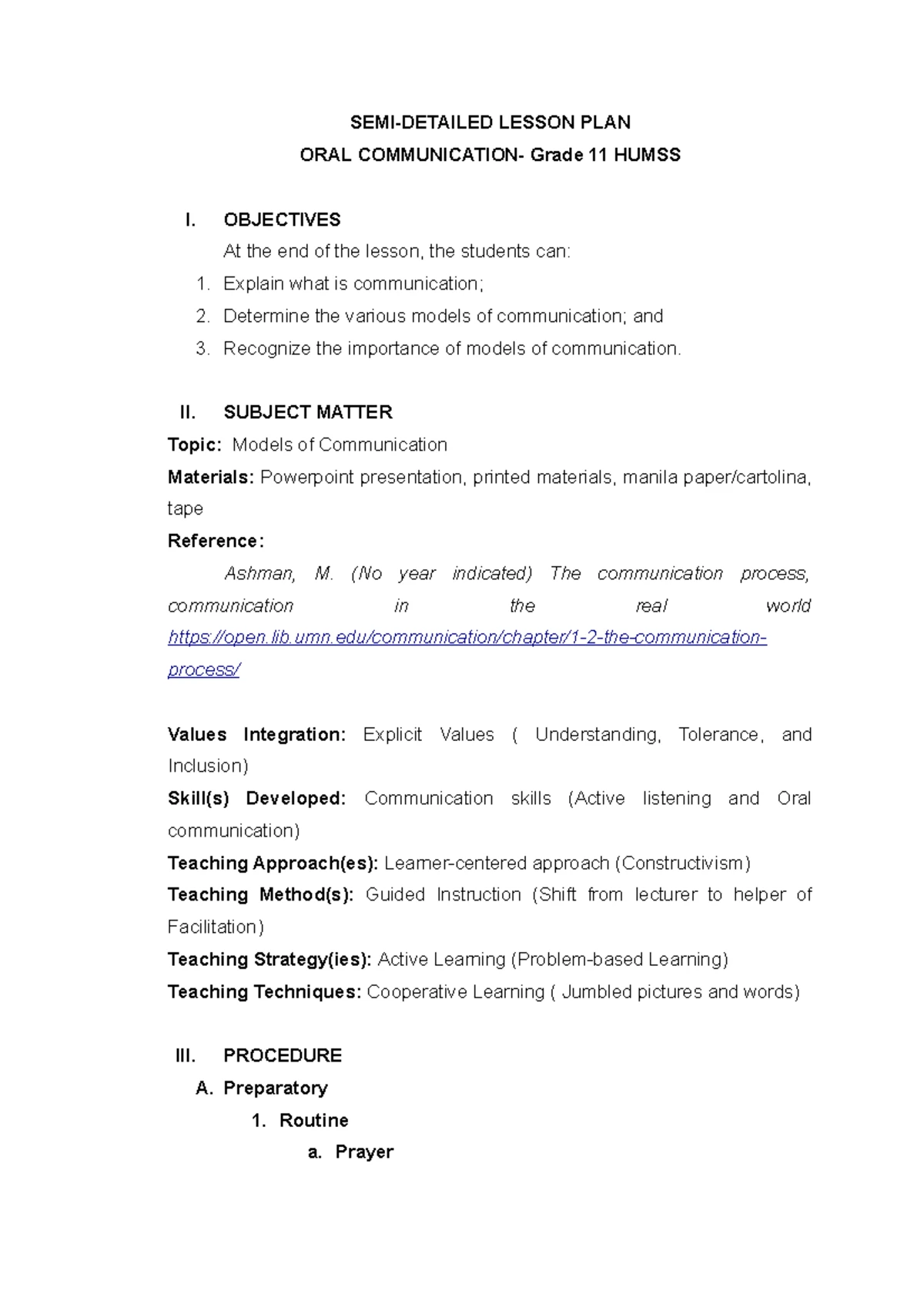Models Of Communication Lp Semi Detailed Lesson Plan Oral Communication Grade 11 Humss I