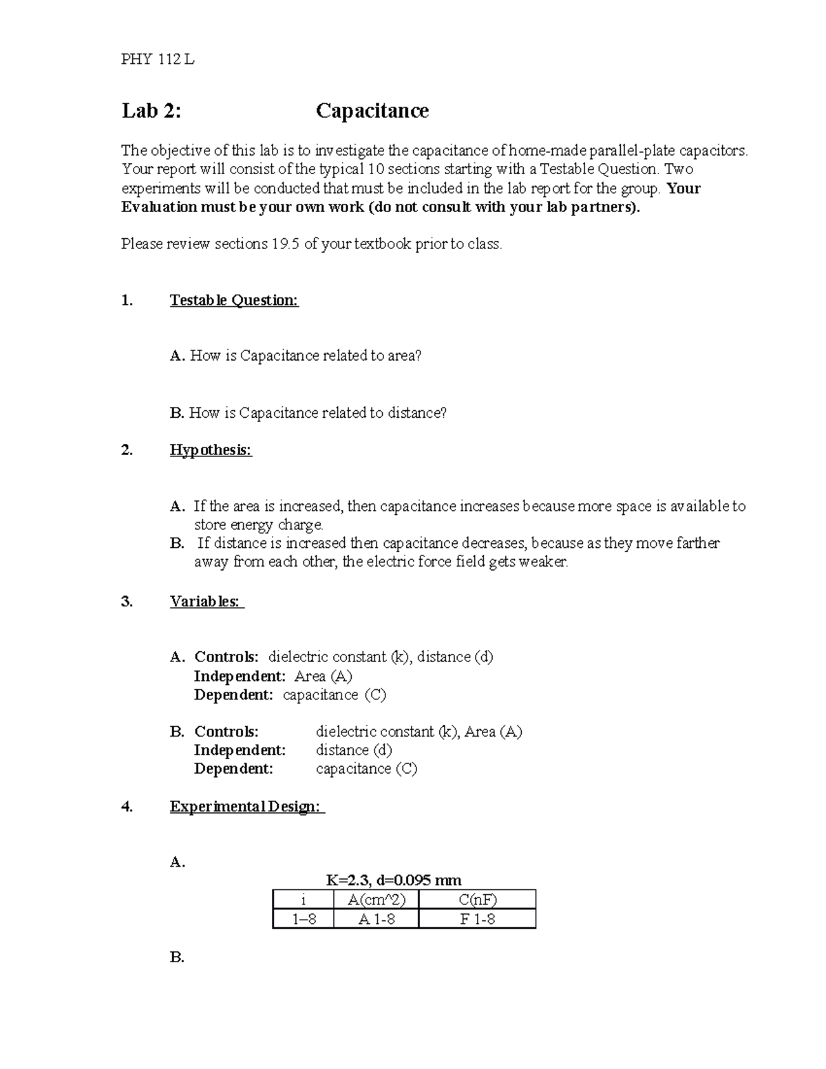 Phy112l Lab 2 Report Investigating Capacitance In Capacitors Studocu
