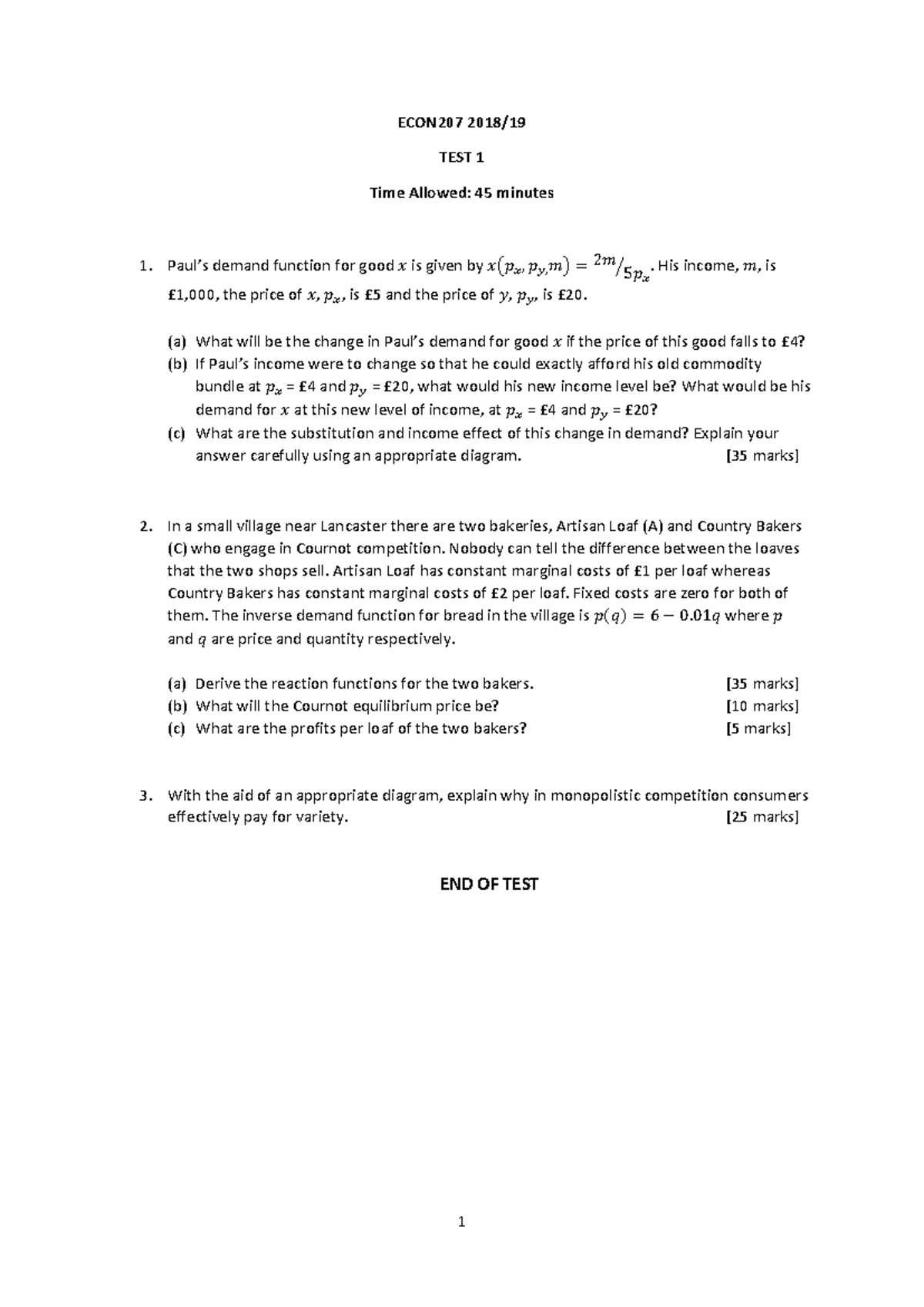 ECON207 Test 1: Demand Functions & Cournot Competition Analysis - Studocu