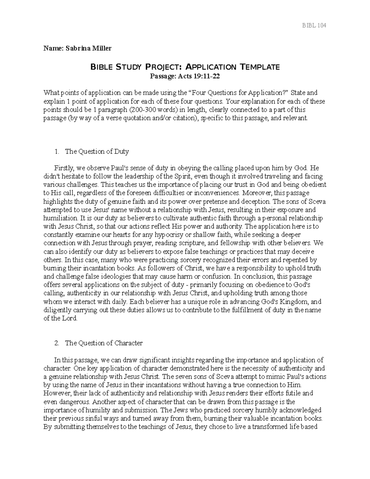 BIBL104 Bible Study Project: Application Points from Acts 19:11- - Studocu