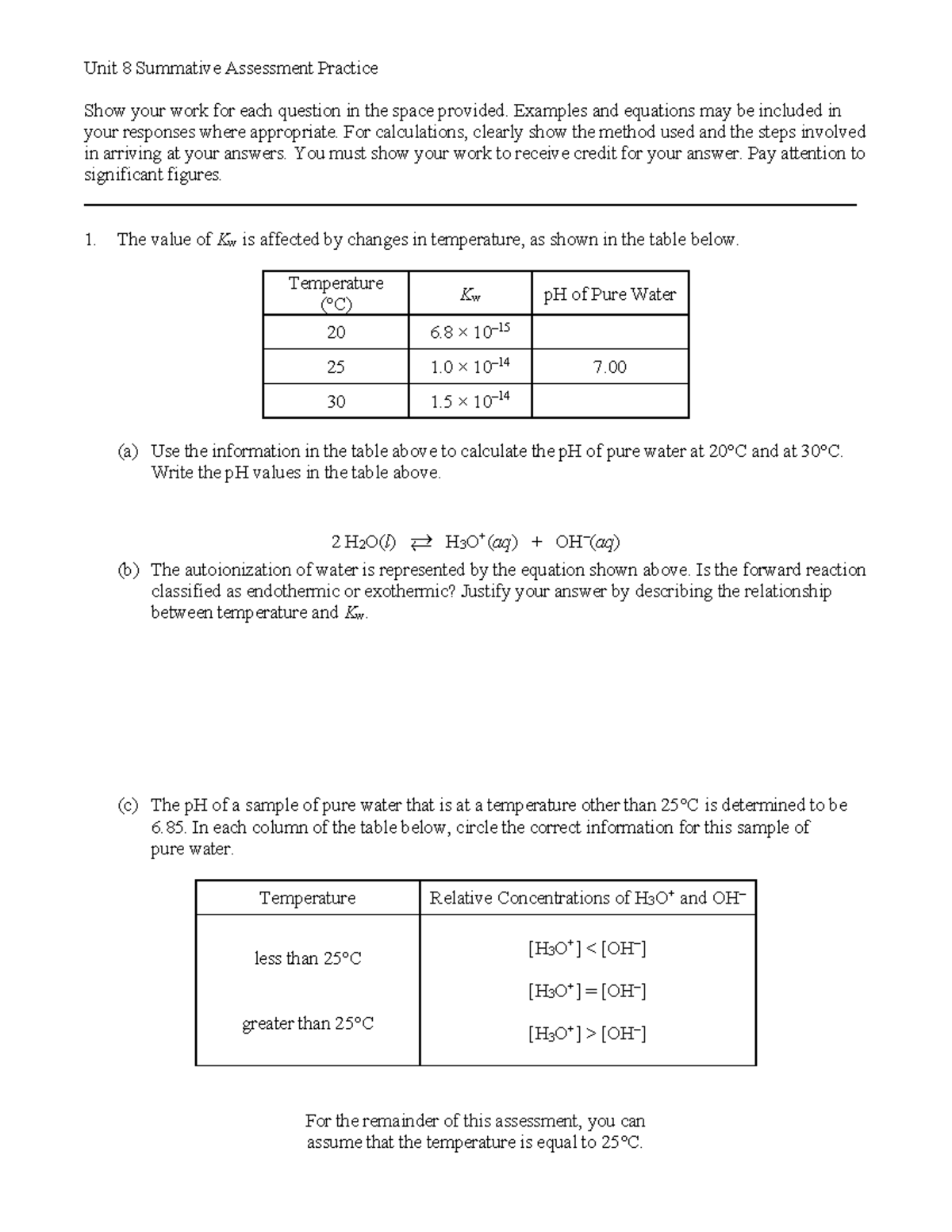Unit 8 Summative Assessment Practice: pH Calculations and Titration ...