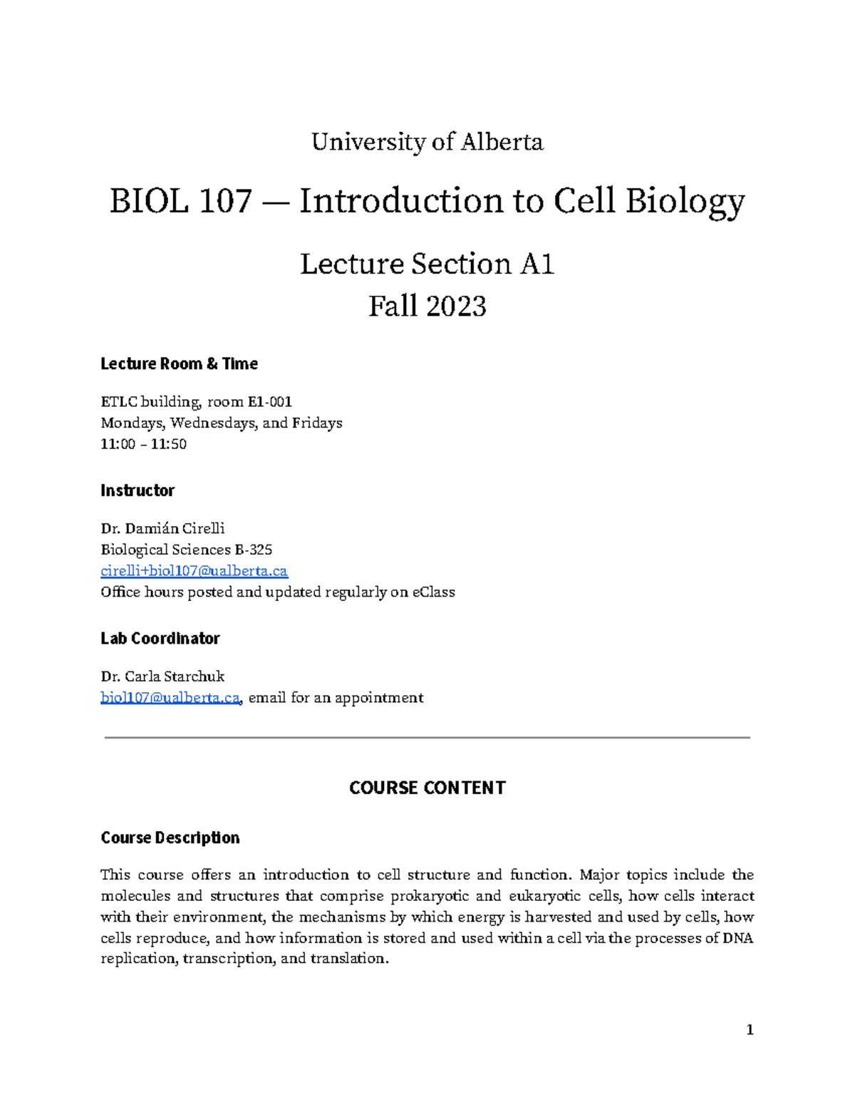 Syllabus for BIOL 107: Intro to Cell Biology, Fall 2023 - Studocu
