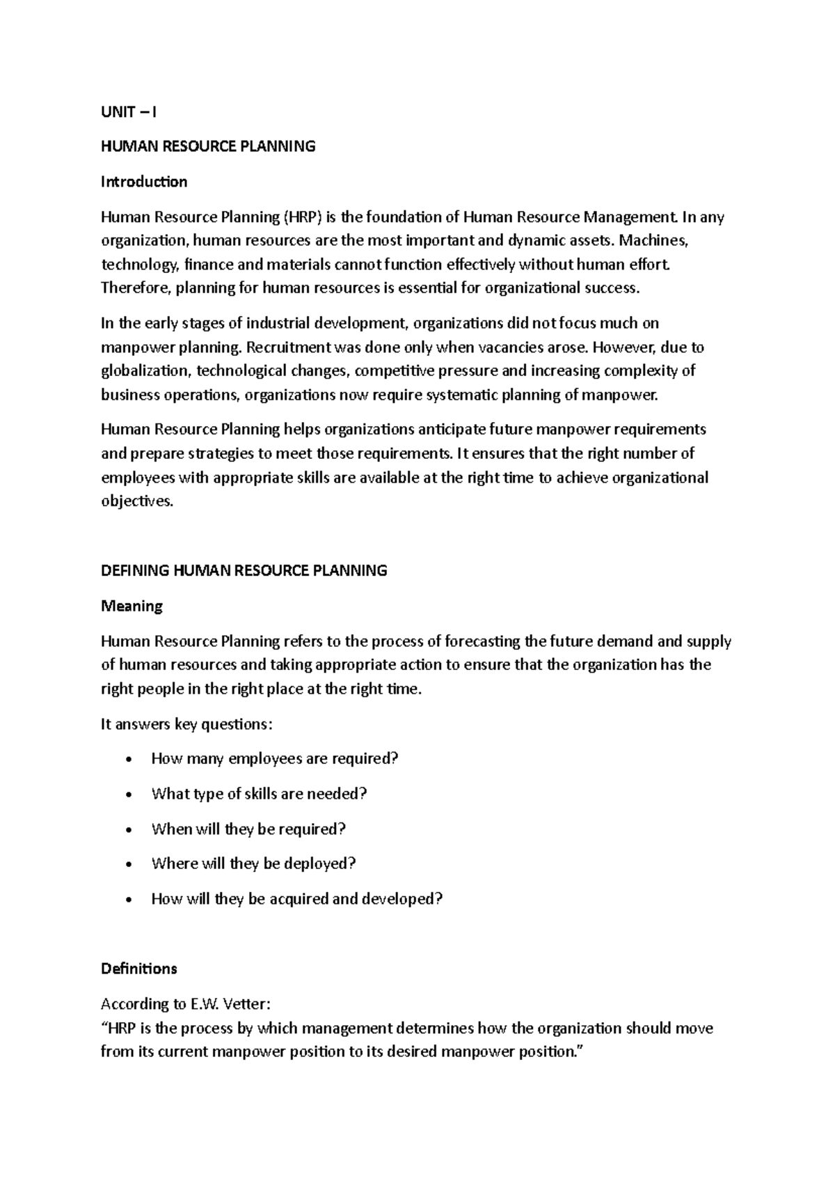 HRP UNIT I: Human Resource Planning Overview and Key Concepts - Studocu