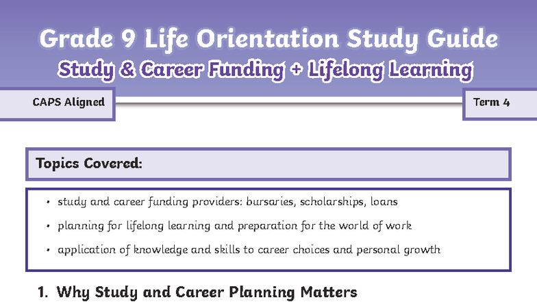 Grade 9 Life Orientation Term 4 Study Guide: Career Funding & Lifelong ...