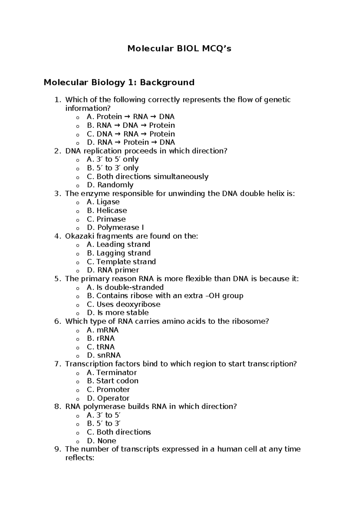 Molecular BIOL MCQ: Key Concepts in Molecular Biology - Studocu