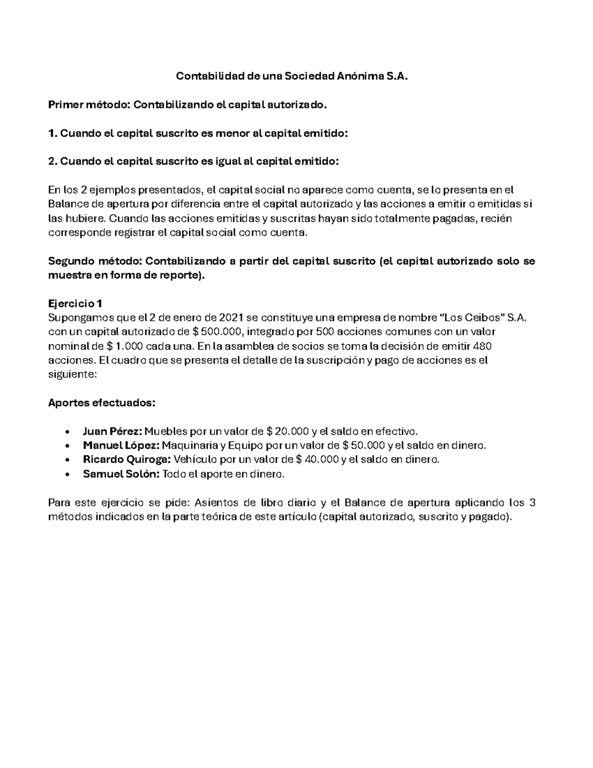 Ejercicios de Contabilidad: Apertura de Sociedades Anónimas S. - Studocu