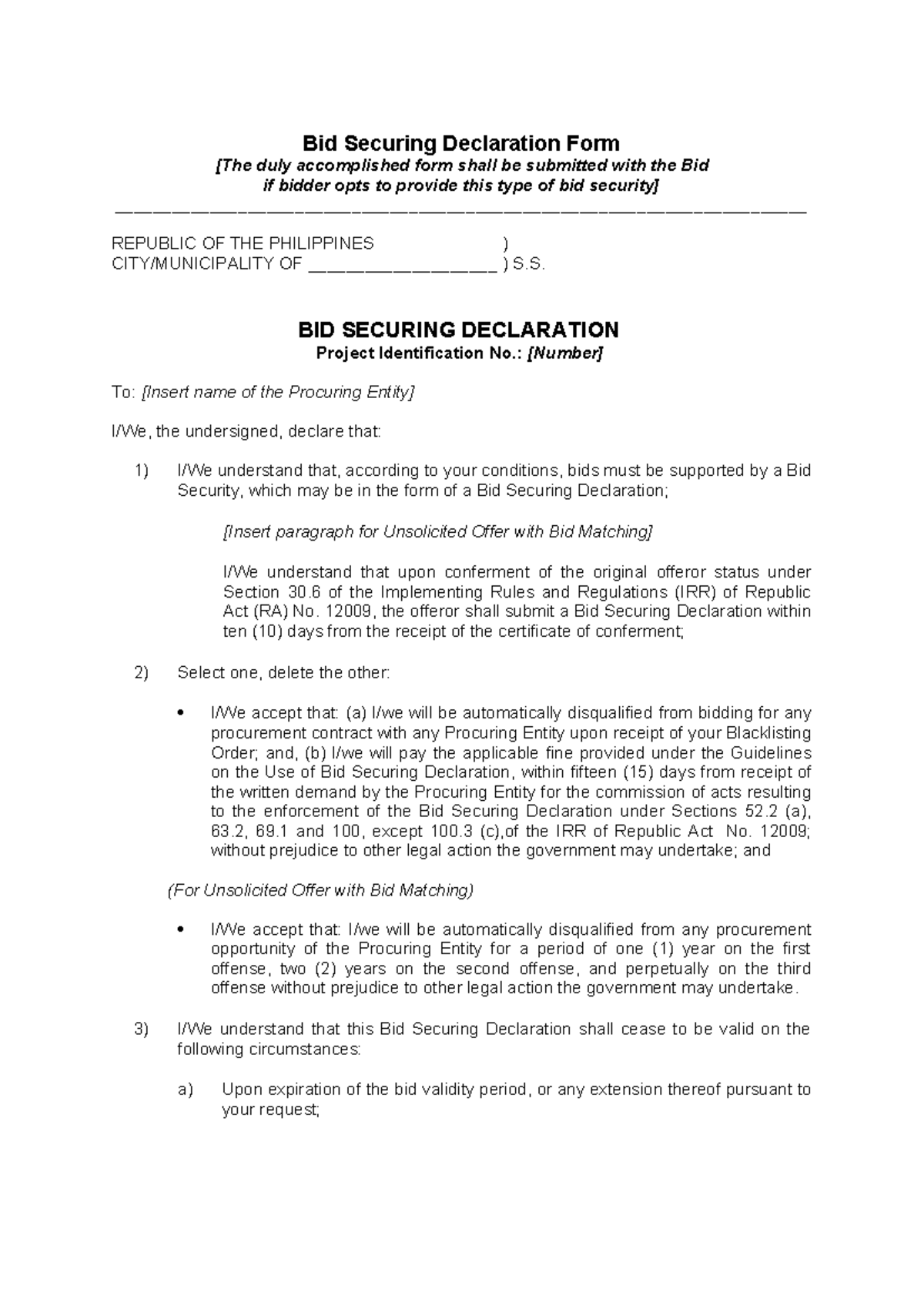 NGPA Bid Securing Declaration Form for Procurement Bids - Studocu