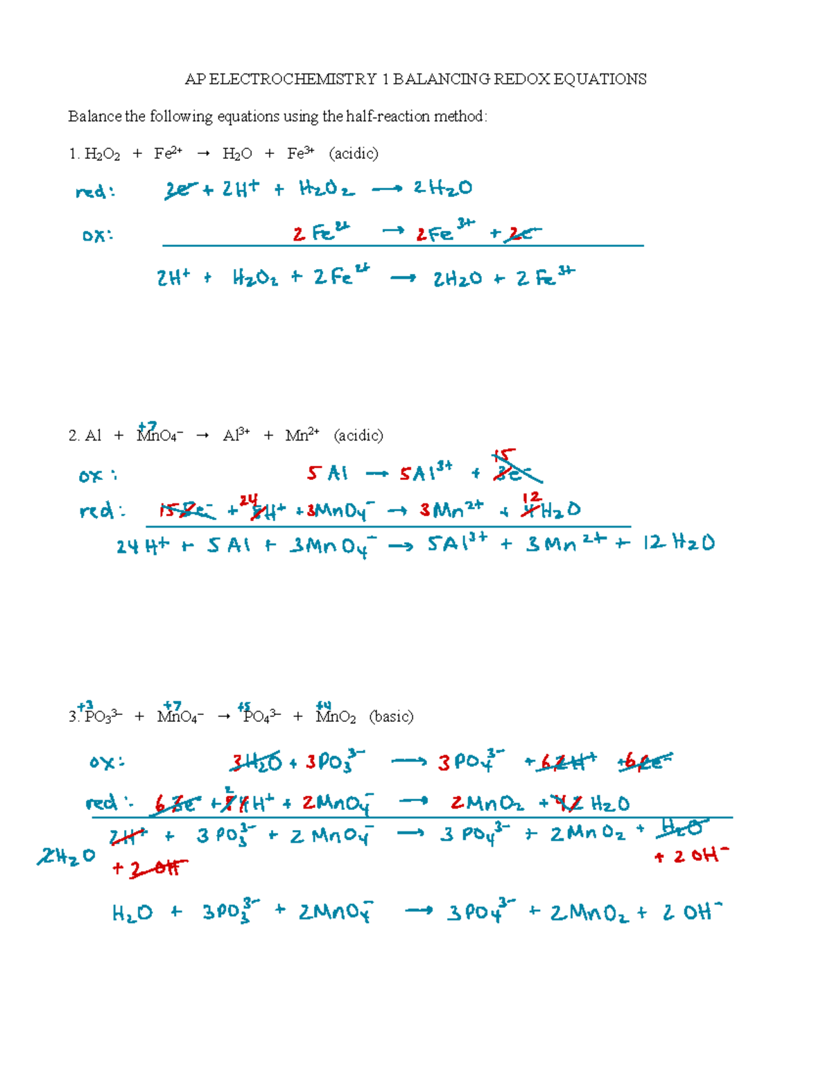 Chem unit 8 worksheet keys - AP ELECTROCHEMISTRY 1 BALANCING REDOX ...