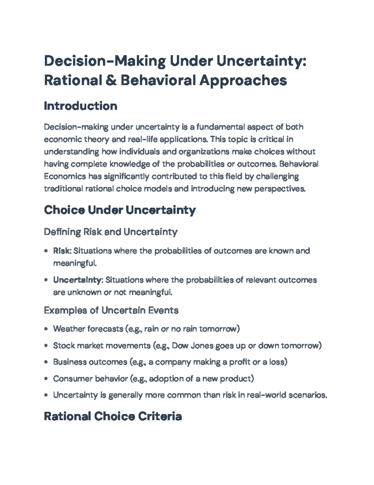 Decision-Making Under Uncertainty: Rational & Behavioral Approaches ...
