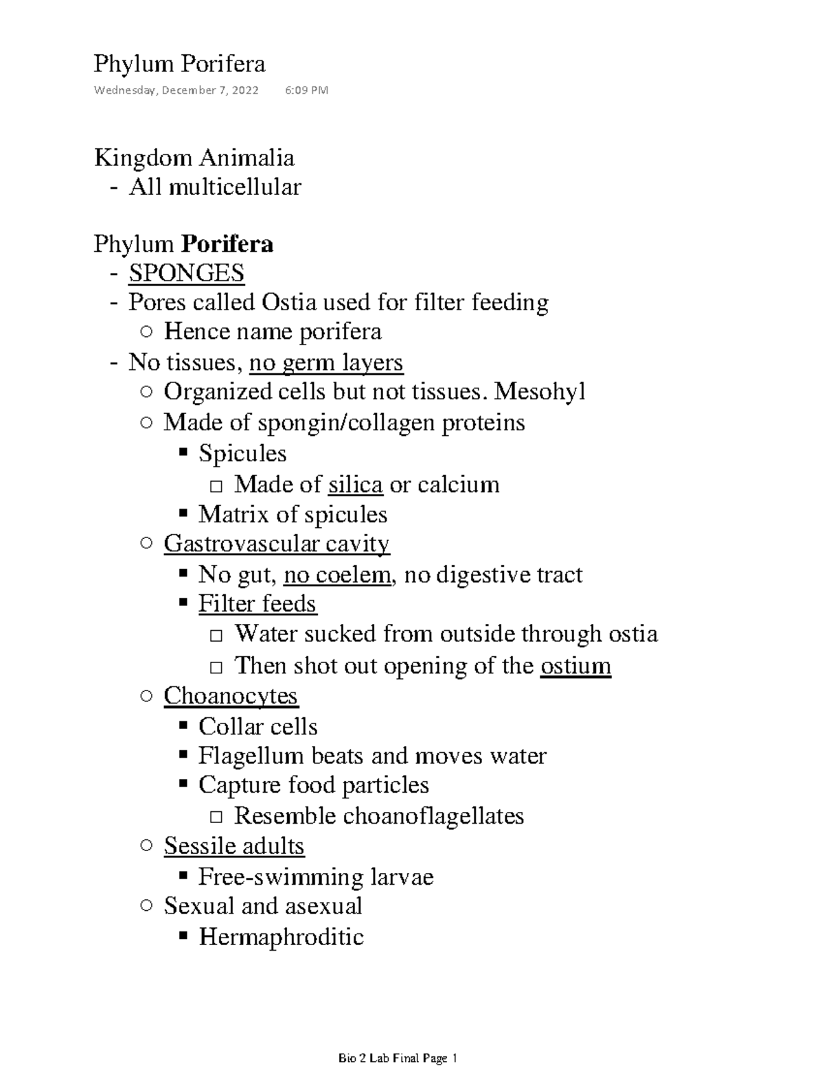 Bio 2 Lab Final - Kingdom Animalia - All multicellular Phylum Porifera ...
