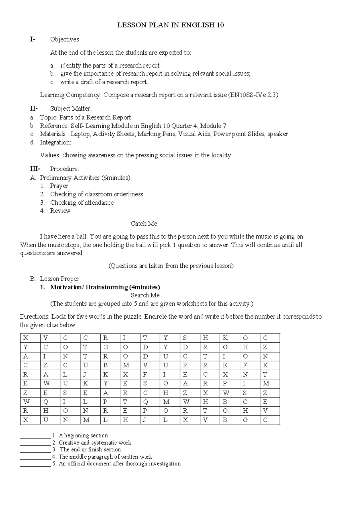 Lesson Plan: Understanding Parts of a Research Paper (EN10SS-IVe 2 ...