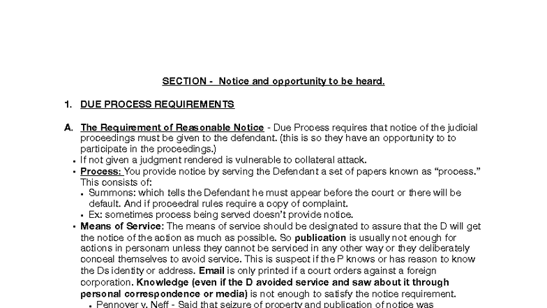 Civ Pro TA Outline: Due Process, Notice, and Service of Process - Studocu