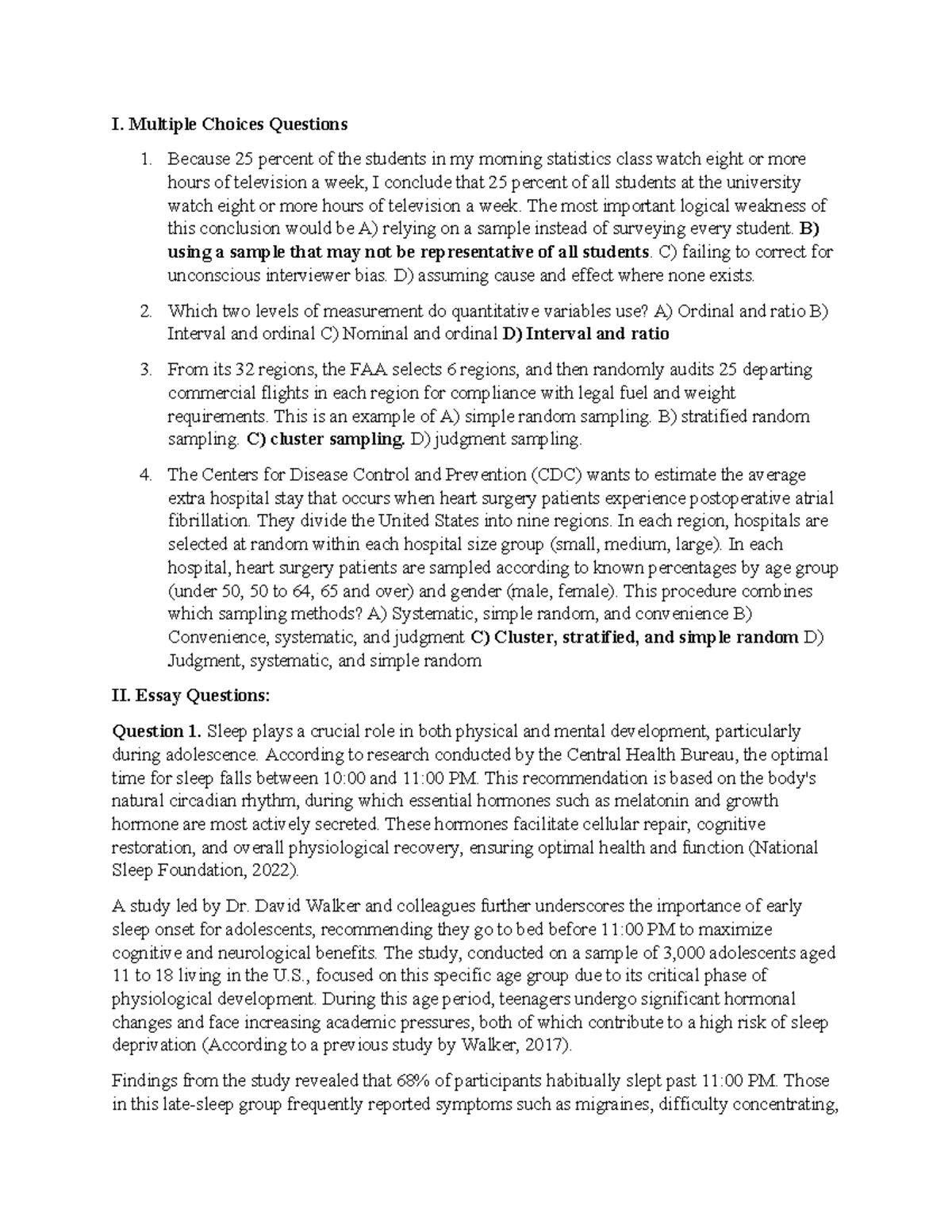 STAT 101: Multiple Choice & Essay Questions on Sampling and Sleep ...