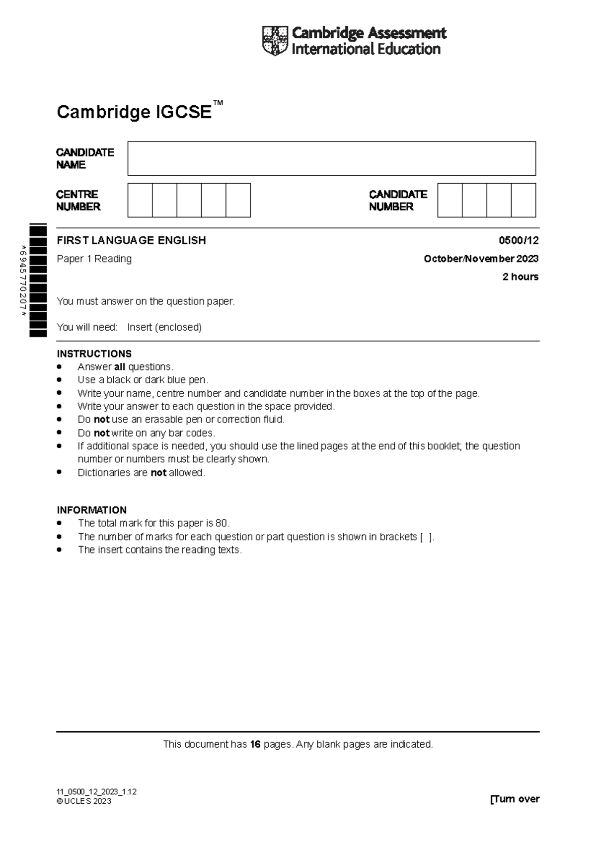 Cambridge IGCSE 0500/12/2023 Paper 1 Reading Questions - Studocu