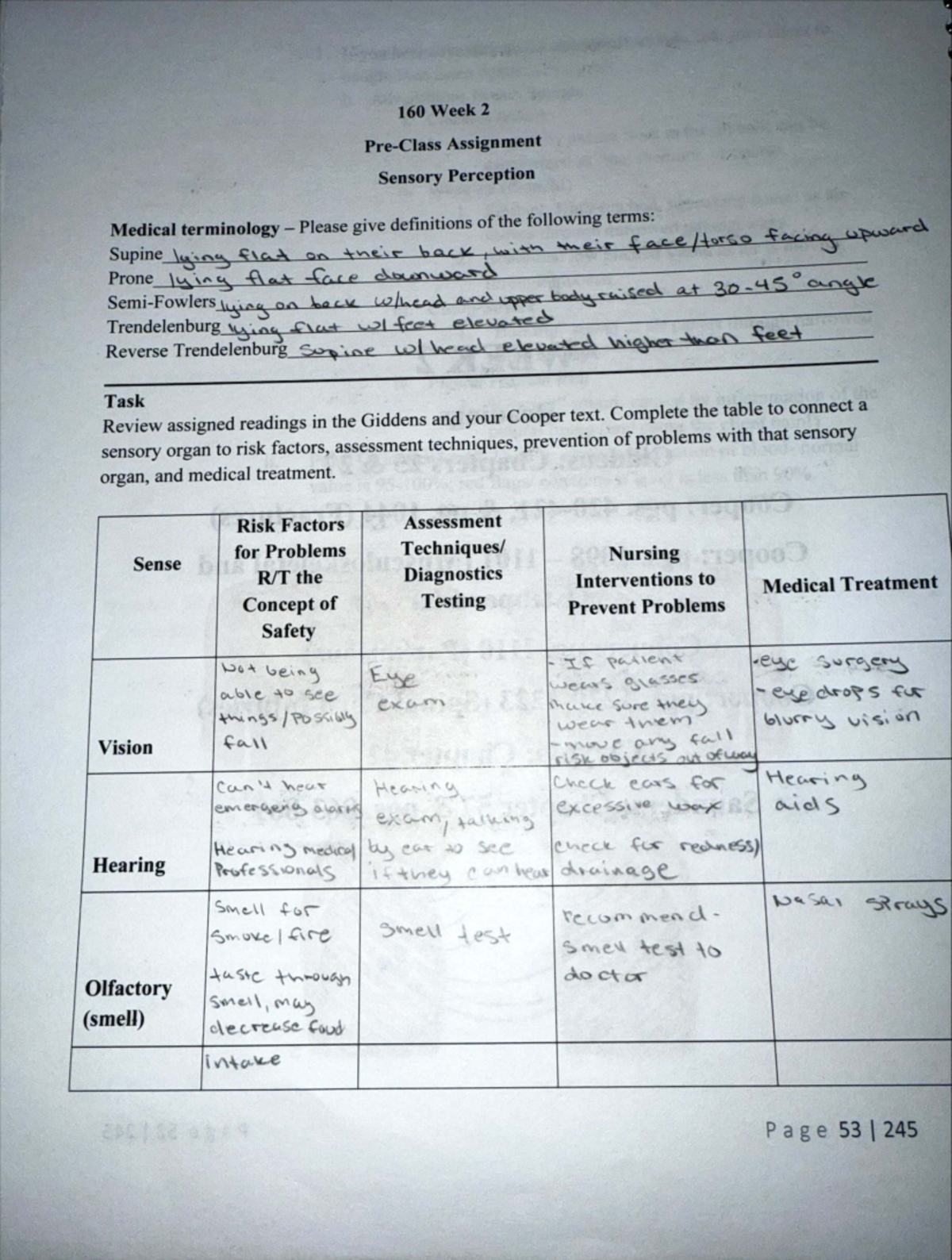 Nur 160 Week 2 PCA - Sensory Perception and Complications of Immobility ...