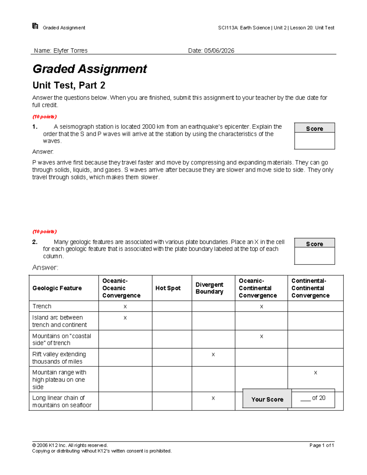Graded Assignment SCI113A: Earth Science Unit 2 Test on Earthquakes ...