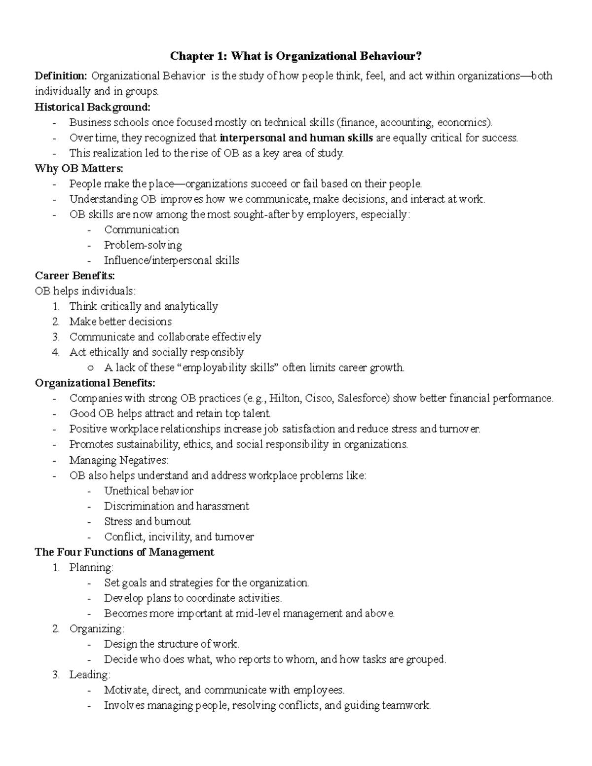 OB 101: Comprehensive Notes on Chapters 1-8 of Organizational Behavior ...