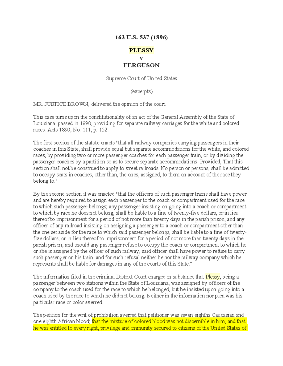 Plessy v. Ferguson (1896) - Supreme Court Case Analysis - Studocu