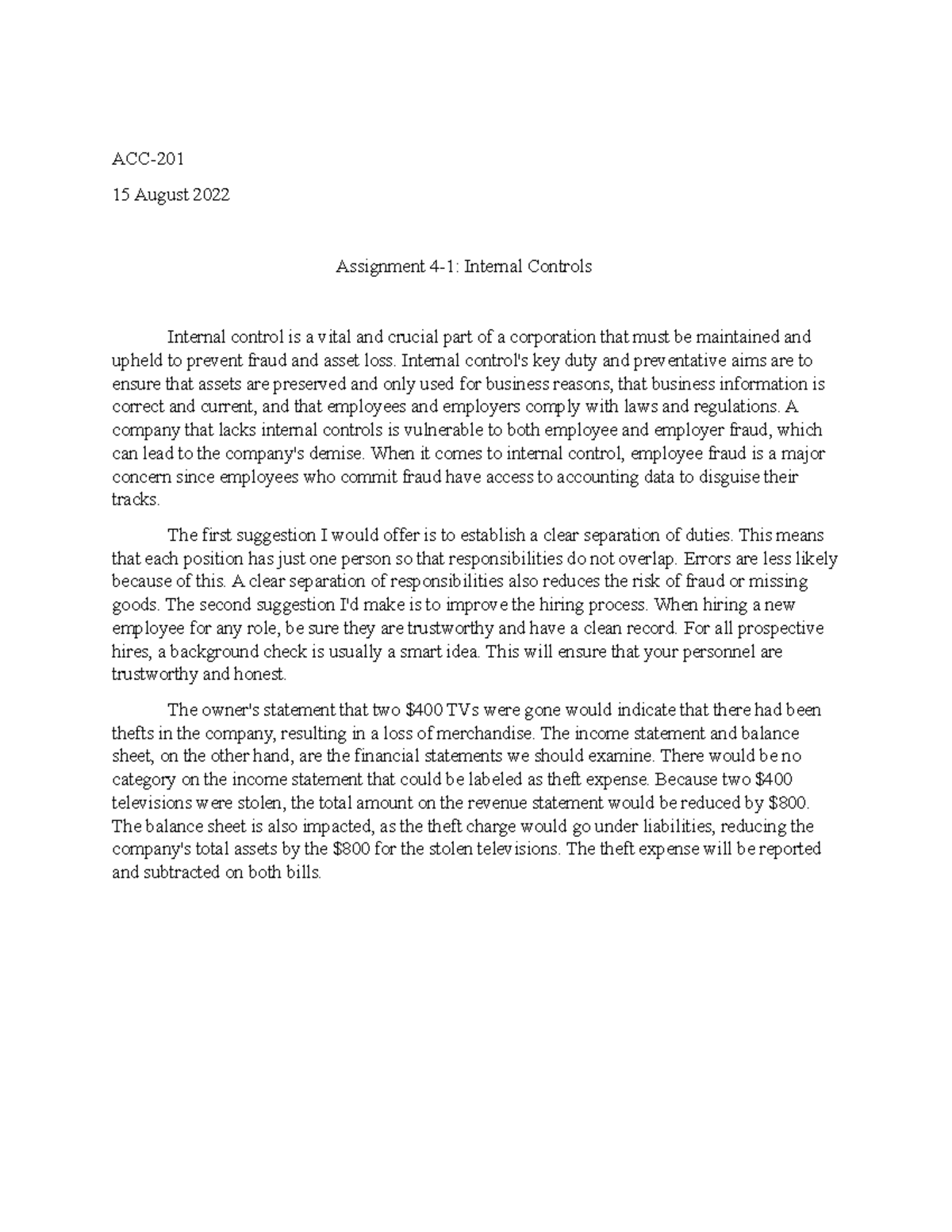 ACC201-internal controls 4-1(KR) - ACC- 15 August 2022 Assignment 4-1: Internal Controls ...