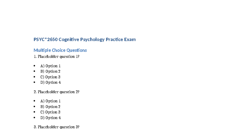 PSYC2650 Cognitive Psychology Practice Exam MCQs & Short Answers - Studocu