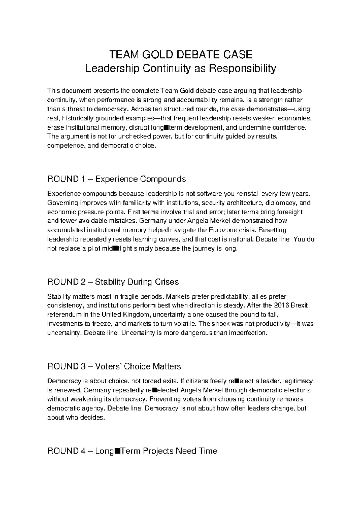 Team Gold Debate Case: Leadership Continuity as a Strength - Studocu