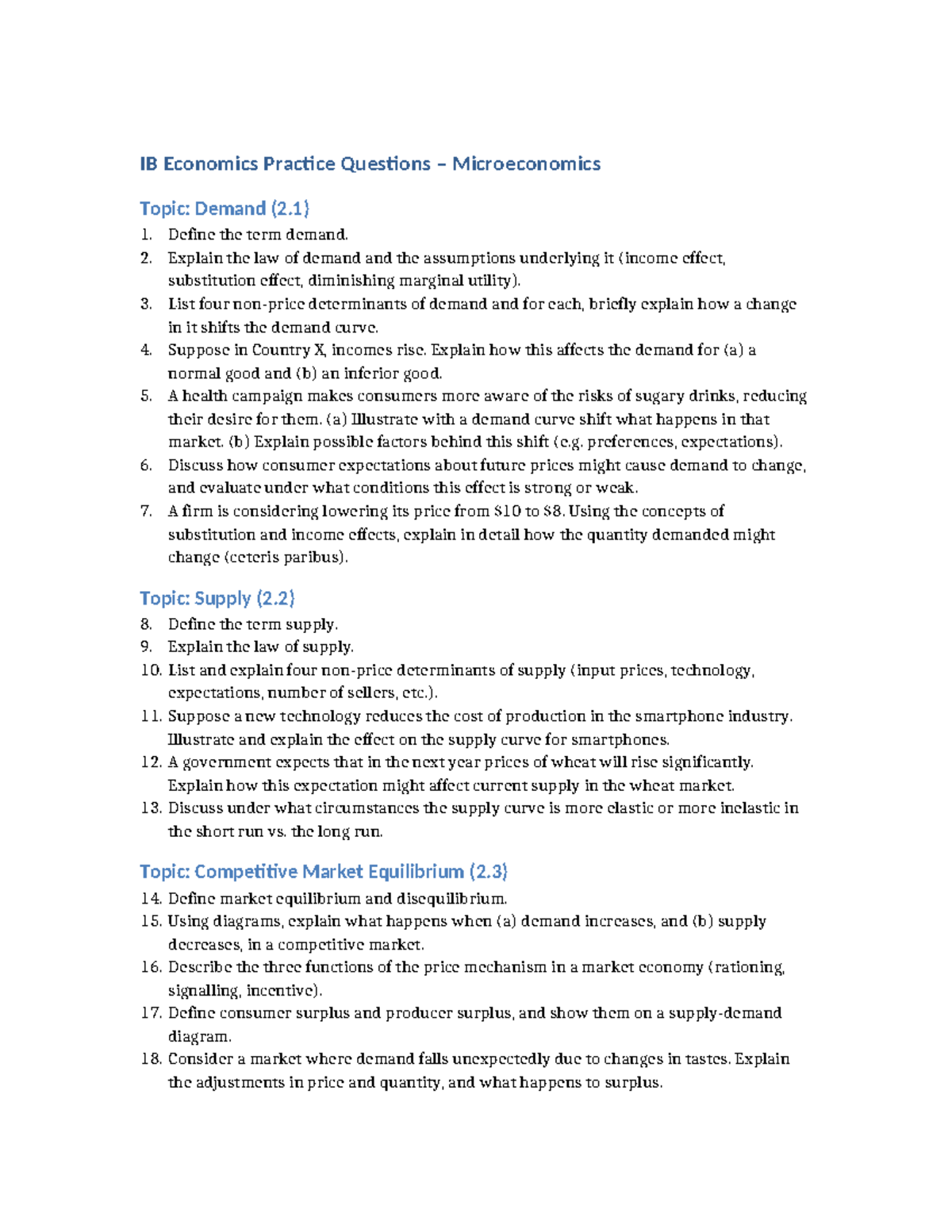 IB Economics Microeconomics Practice Questions (2.1 - 2.3) - Studocu